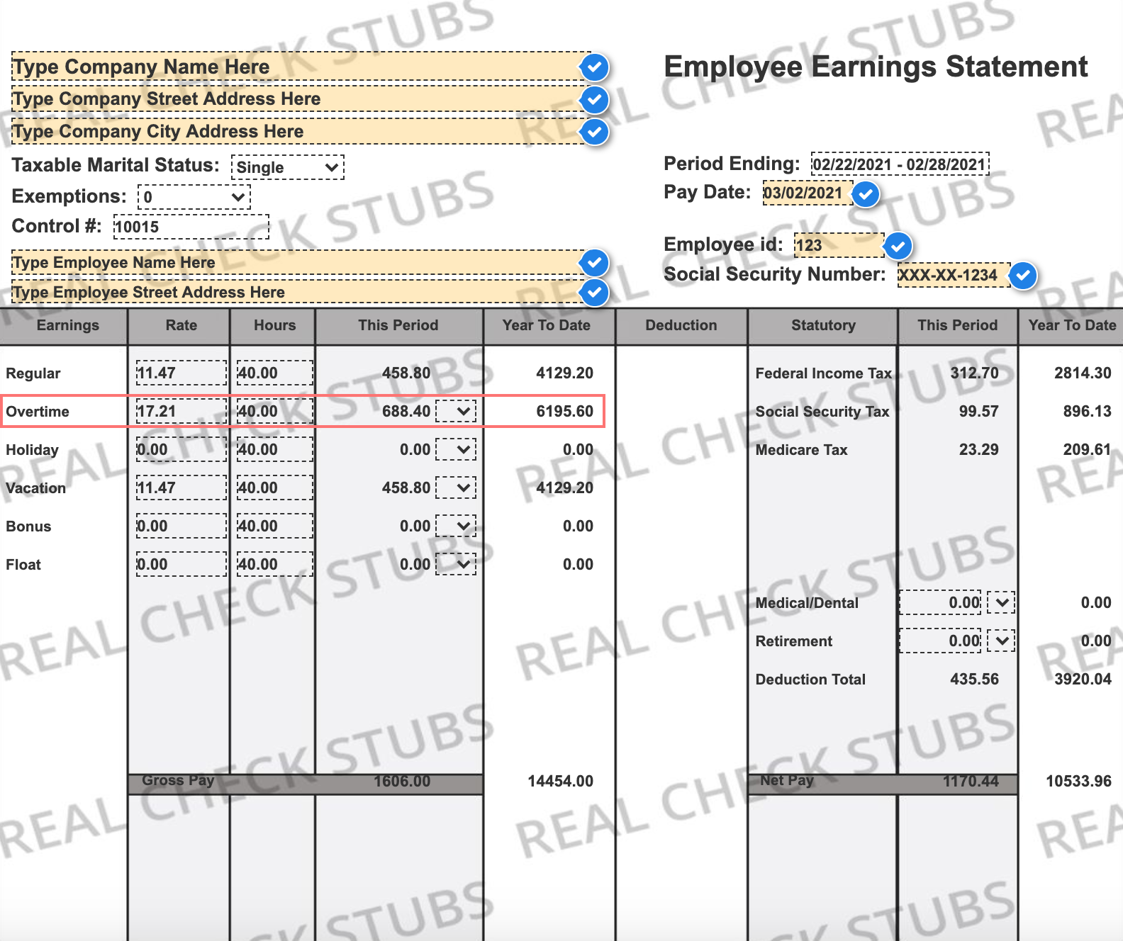Paystub Generator With Overtime | Real Check Stubs