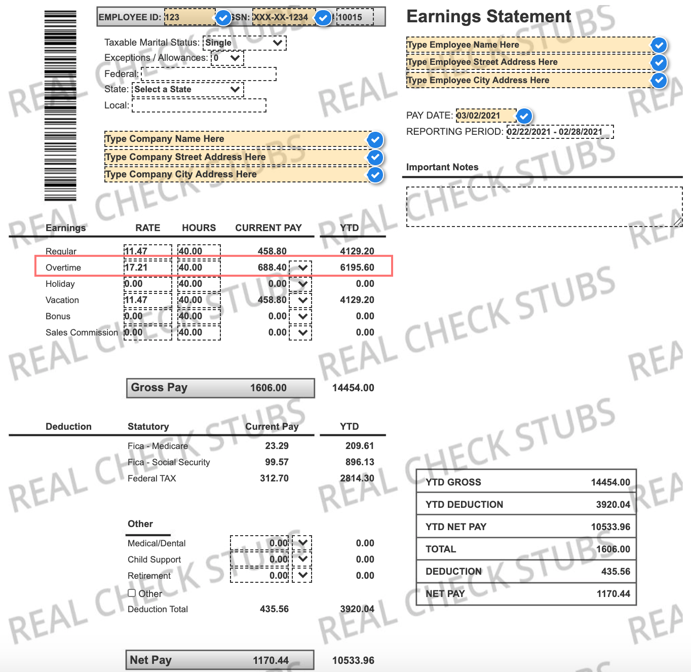 Paystub Generator With Overtime | Real Check Stubs